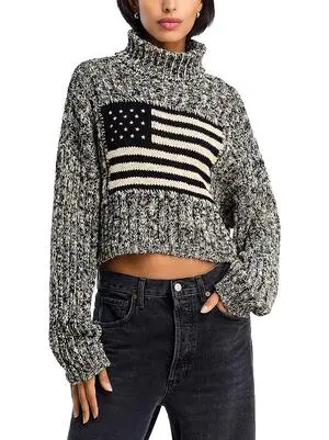 極美品  Jeans Crop Fuzzy Flag Sweater DENIMIST - Oversized Cropped American Flag Sweater | Plush